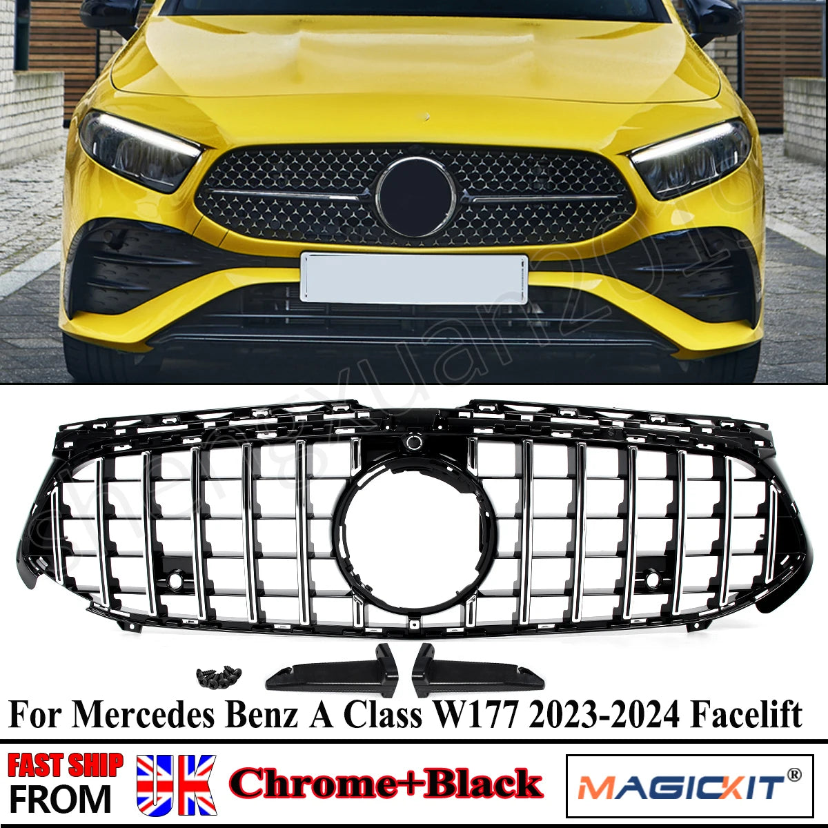 Chrome+Black Front Bumper Grill Grille For Mercedes Benz W177 A35 AMG ...